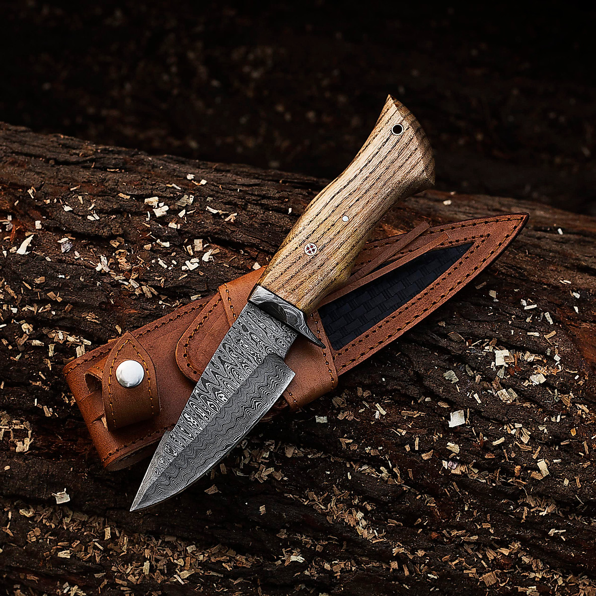 MJ Damascus Skinner knife, Survival Bushcraft knife, Ash wood Handle, Hunting outdoor camping knife, Full Tang Knife. Viking knife Gift for men.