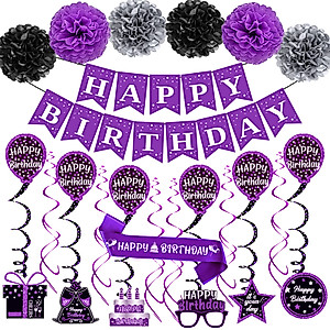 Birthday Decorations Purple Black, Happy Birthday Party Decorations for Women Girls Men Boys, Happy Birthday Banner, Double-Sided Bday Pattern Card, Birthday Sash, Pompoms,Hanging Swirl Bday Decor Set