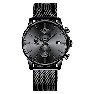 GOLDEN HOUR Men’s Watch Fashion Sport Quartz Analog Mesh Stainless Steel Waterproof Chronograph Watches, Auto Date in Grey Hands, Color: Black