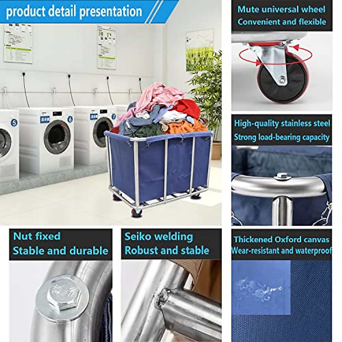 XIJIXILI Laundry Cart with Wheels Commercial 10 Bushel Heavy Duty Laundry Basket Trucks Cart, Oversized Stainless Steel Laundry Cart with Waterproof Oxford Cloth 260 LBS Weight for Hotels and Hospital
