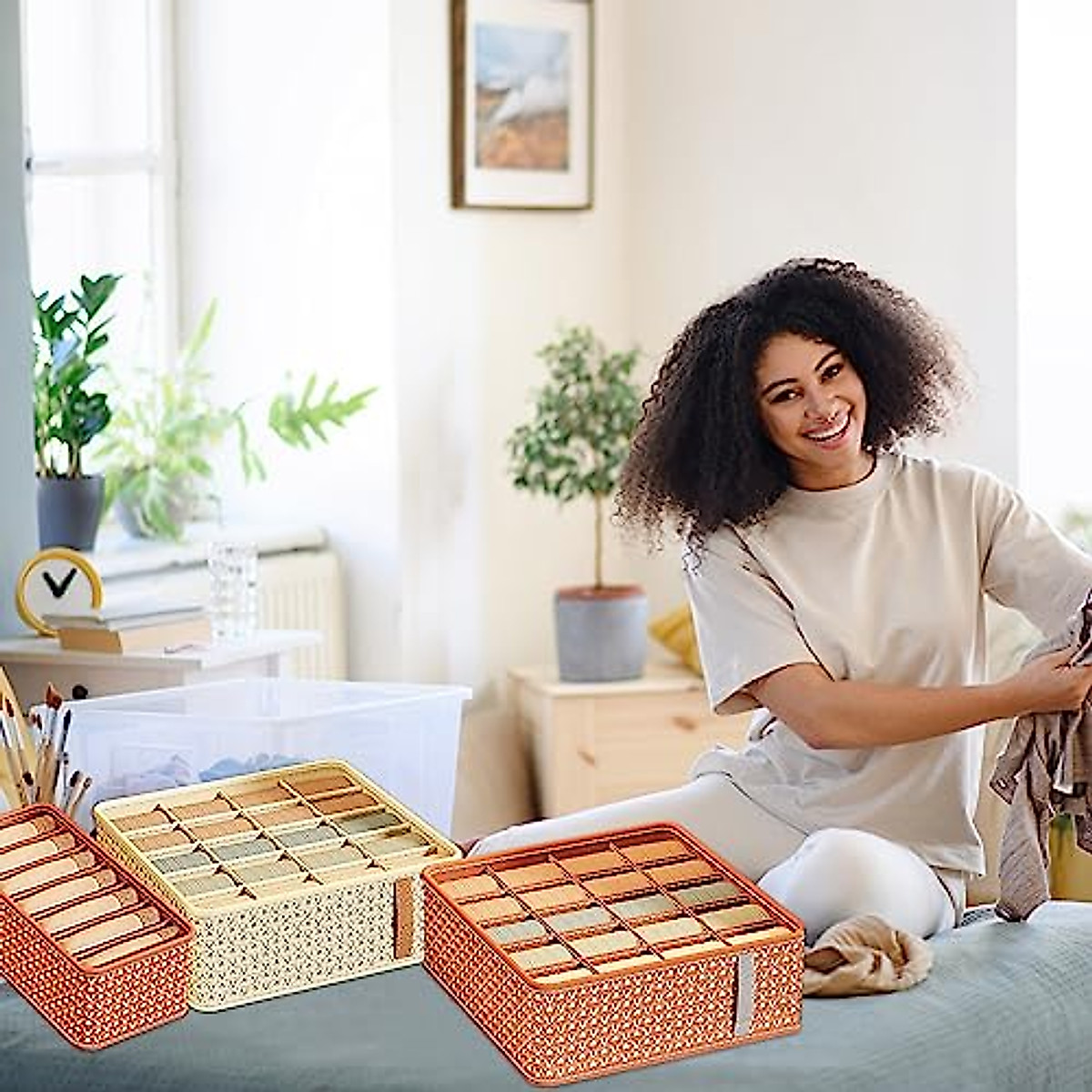 verrio Sock Underwear Organizer Drawer Dividers, Sock Underwear Drawer Organizer Bins, Closet Cabinet Organizer Underwear Storage Boxes for Storing Socks, Undies and Baby Clothes (Beige-M)