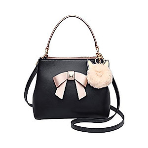 Leather Handbags for Women, Cow Leather Ladies Top Handle Bag with Adjustable Shoulder Strap Fluffy Ball Bow-knot Decoration Womens Small Designer Crossbody Totes Girls Cute Messenger Bag (Black)