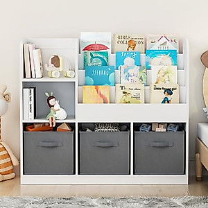 AOCOROE Kids Bookshelf, Wooden Bookcase, Toy Storage Cabinet Organizer with 4-Tires Bookshelf, Book Organizer with 3 Collapsible Fabric Drawers