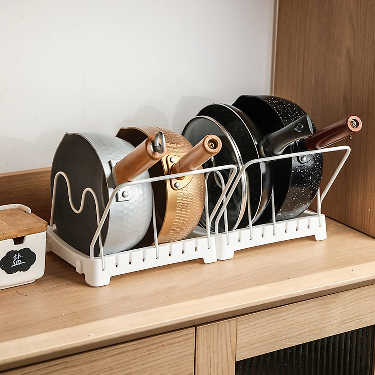 Pot and Pan Organizer, Pot Lid Organizer with 3 Adjustable Compartment, Cookware Rack with Stable Base and U-Shaped Slot, Kitchen Cabinet Organizers and Storage for Pots, Cutting Board, Pot Lid, Dish