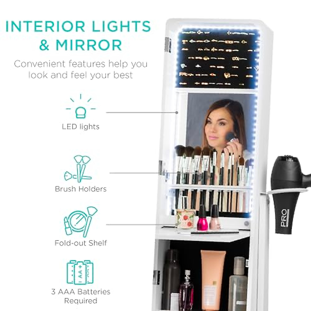 Best Choice Products Standing Full Length LED Mirror Jewelry Makeup Storage Organizer Cabinet Armoire w/Lights, Touchscreen, Pop-Up Shelf, Velvet Lining, 4 Compartments, Drawer - White