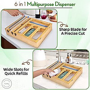 Furnity 6 in 1 Bamboo Ziplock Bag Organizer with Wrap Dispenser and Foil Dispenser, Baggie Organizer, 3 Layer Bamboo Plastic Bag Organizer, Fits Quart, Gallon, Snack, Sandwich Bags