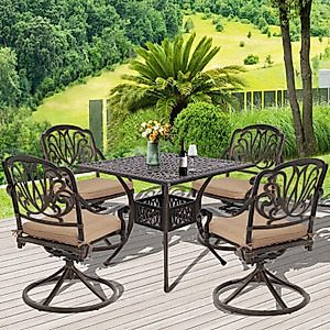 Grepatio 5 Piece Cast Aluminum Patio Dining Set Outdoor Furniture Set Patio Garden Set with 4 Swivel Rocker Ding Chairs, 4 Cushions and 35.4" Square Patio Table 2.4" Umbrella Hole (Khaki)