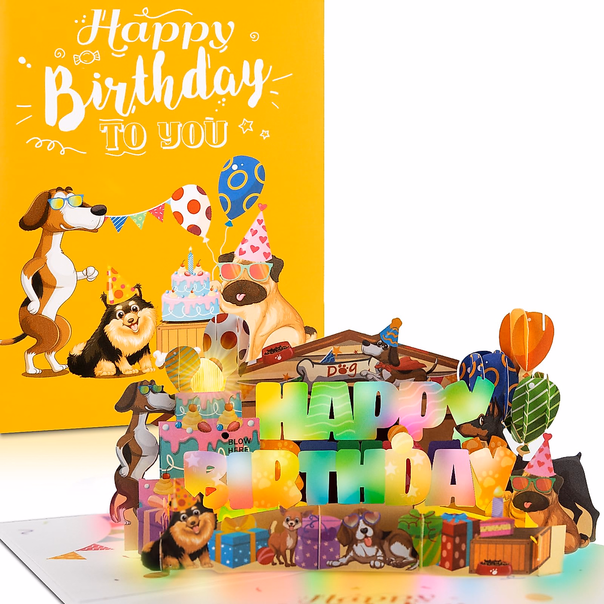 3D Musical Birthday Cards with Lights & Blowable Candle, Pet Dog Theme Funny Birthday Greeting Card, Dog Mom or Dad Bday Popup Cards for Husband Wife Friend and Every Dog Lover Play Song 'Happy Bday'