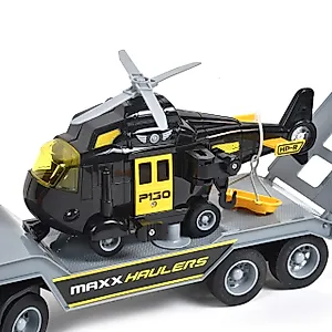 Sunny Days Entertainment Semi Truck Helicopter Carrier Transport – Lights and Sounds Toy Vehicle with Friction Motor | Realistic Truck and Trailer for Kids – Maxx Action