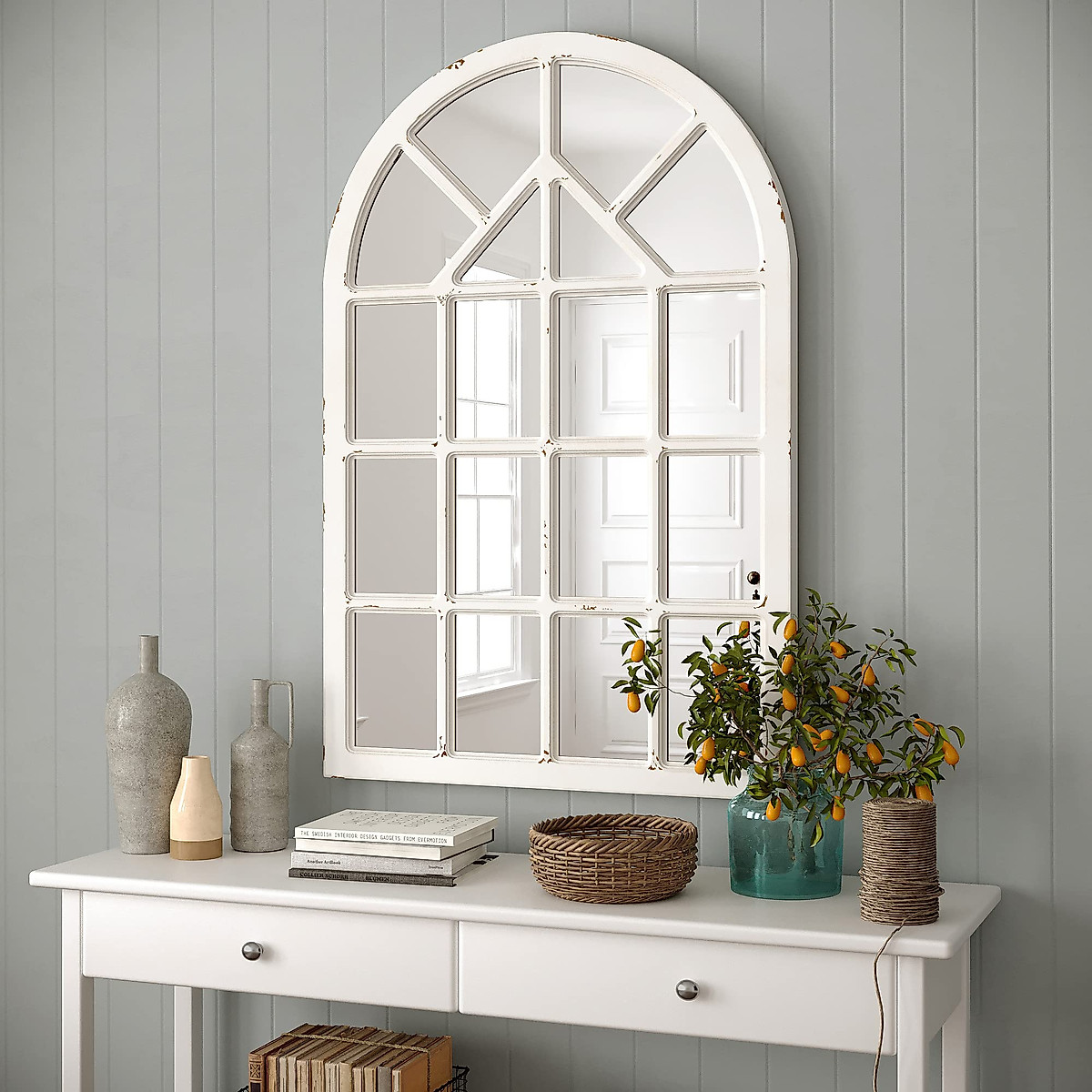 Barnyard Designs 30x47 Wood Cathedral Mirror – Arched Window Farmhouse Mirror for Living Room and Entryway Wall Decor (White)