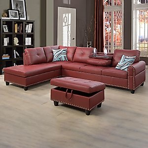 EZLUX Red Faux Synthetic Leather Left Chaise Sectional Sofa Couch Set with Storage Ottoman and Cup Holder for Living Room, Onesize