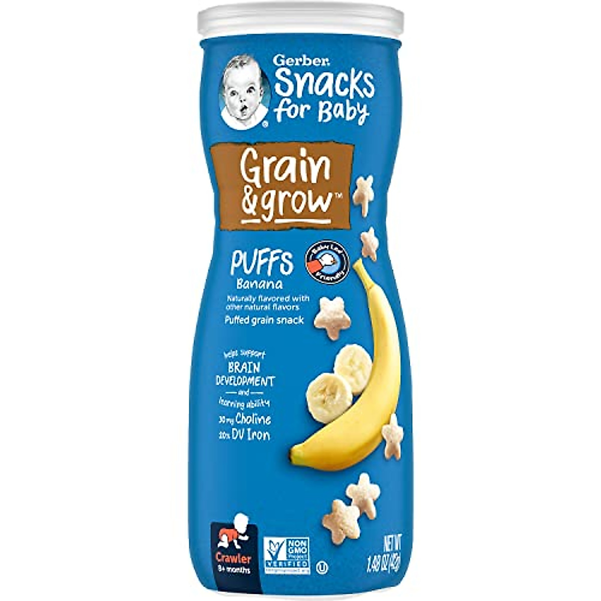 Gerber Snacks for Baby Grain & Grow Puffs, Banana, Puffed Whole Grain Snack for Crawlers, Non-GMO & Baby Led Friendly, 1.48-Ounce Canister (Pack of 3)