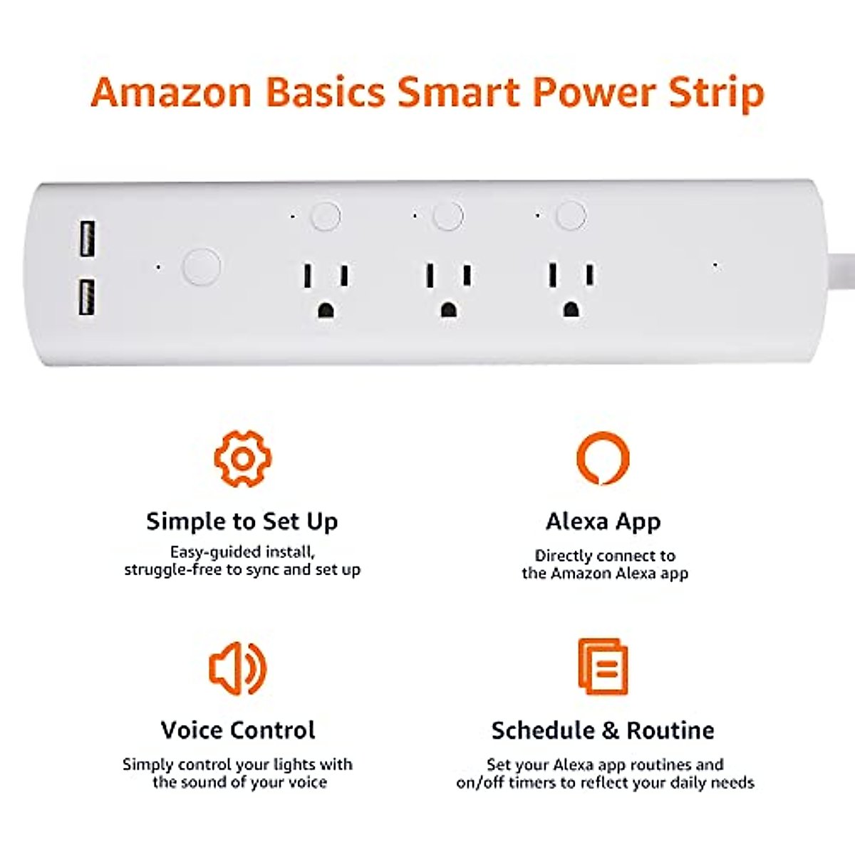 Amazon Basics Smart Plug Power Strip, Surge Protector with 3 Individually Controlled Outlets and 2 USB Ports, 2.4 GHz Wi-Fi, Works with Alexa
