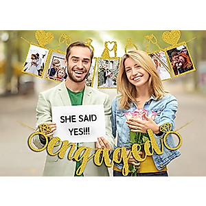 Engagement Party Decorations Gold - Extra-Large Engaged Banner and Photo Banner with Romantic Memories Picture Card Frames for Bridal Shower Sign & Bachelorette Party Favors, Engagement Banner Decor