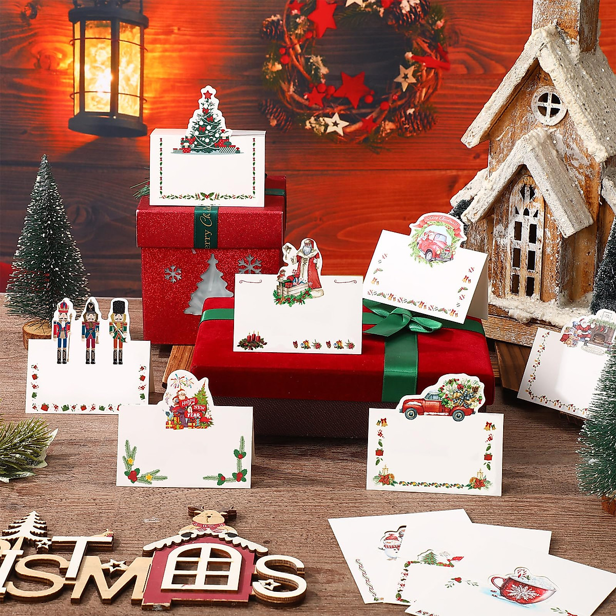 Spakon 100 Pcs Christmas Place Cards with 2 Pens Holiday Seating Name Card Folding Rustic Table Place Setting Cards Xmas Colorful Name Tent Cards for Christmas Dinner Brunch Birthday Holiday Party