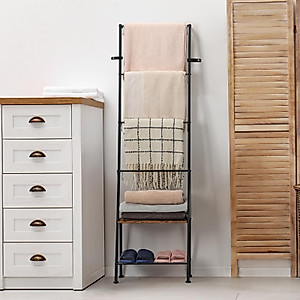 Blanket Ladder with Shelf, Towel Rack for Bathroom Standing, Blanket Rack for Bedroom Freestanding Towel Rack for Bathroom Metal Towel Bar Stand Drying and Display Rack with Shelf, Rustic Brown