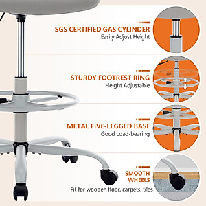Drafting Chair, Tall Office Chair Tall Standing Desk Chair Counter Height Adjustable Office Chair for Standing Desk, Mid-back Mesh Drafting Chair with Flip-up Arms, Foot-ring, Wheels, Grey
