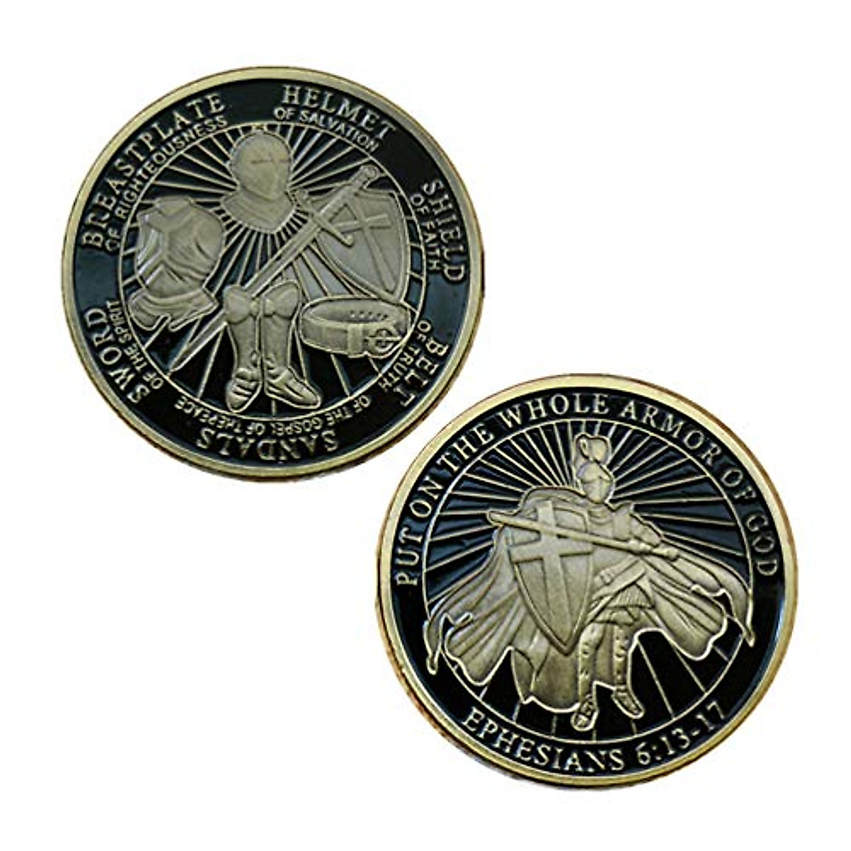 Put On The Whole Armor of God Black Enamel Challenge Coin Antique Gold