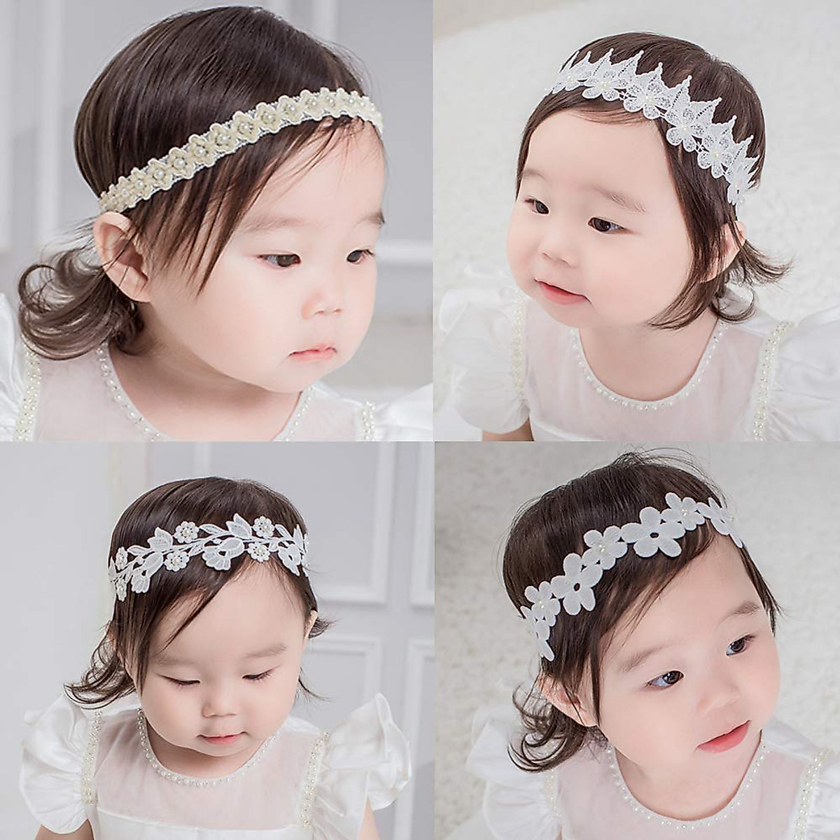 Asufegucd Baby Headbands baptism Girls Newborn Lace Pearl Headbands Princess Girls Elastic Headwear Flower (White)