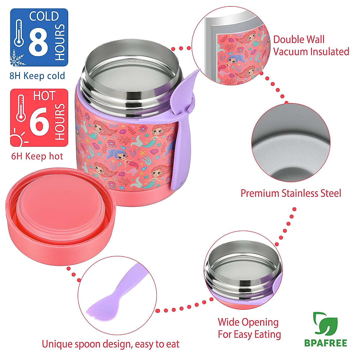 Bento Lunch Box Set for Kids with 10oz Soup Thermo, Leak-Proof Lunch Containers with 4 Compartment, Kids Thermo Hot Food Jar and Insulated Lunch Bag for Kids to School,BPA-Free(Mermaid)