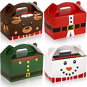 Christmas Treat Boxes, 24 Pieces Plaid Santa Elf Snowman Elk Gingerbread Xmas Cardboard Present Candy Cookie Boxes with Handles, Holiday Party Favor Supplies, 4 Designs (Cute Style)