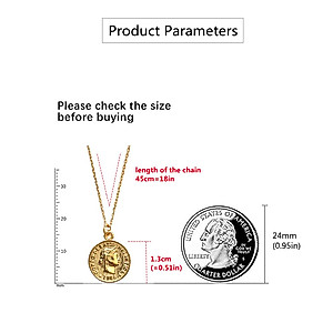 Dtja Carved Gold Coin Pendant Necklace for Women Girls 925 Sterling Silver 18K Gold Plated Simple Round Chain Goddess Worship Celebrity Medal Reversible Keepsake Chic Choker Fashion Jewelry Gifts Box
