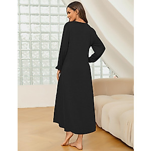 Marvmys Womens Cotton Long Night Gown Long Sleeve Nightshirt Sleepwear with Pockets Black L