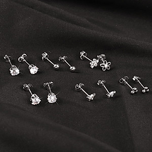 6 Pairs White Gold Small Stud Earrings Set,Dainty Hypoallergenic Cubic Zirconia Sterling Silver Cartilage Post Earring Tiny Ball Heart Butterfly Flower Stud Earrings for Women
