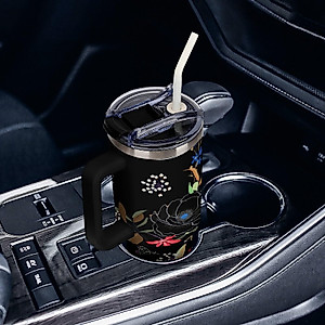 40oz Insulated Tumbler with Handle & Straw Stainless Steel Vacuum Sealed Water Bottle Leakproof Travel Mug for Car, Outdoor & Home BPA-Free Double Wall Cold Hot Beverage Thermos Flower