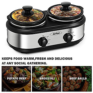 Dual Slow Cooker, Buffet Servers and Warmers with 2 X 1.25Qt, Tempered glass lids and Lid Rests, 3 Adjustable Temp, Stainless Steel