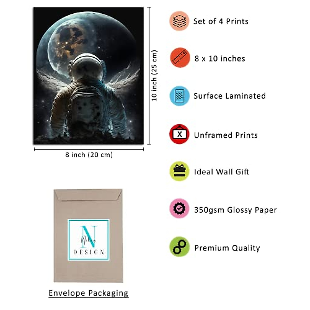 Nilem Design Outer Space Wall Art Planet Posters Set of 4 Unframed (8''x10'') Space Posters for Boys Room Decor Astronaut Poster Space Themed Wall Art Kids Space Room Decor Galaxy Poster