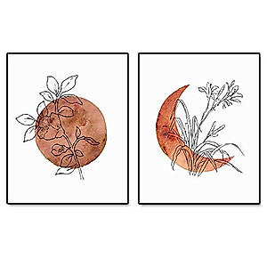 Terracotta Sun and Moon Print, Flower Sun, Minimal Wall Art, Boho Decor, Abstract Moon, Flower Line Print, Sunset Art, Set of 2 Prints - 8x10 inch - No Frame