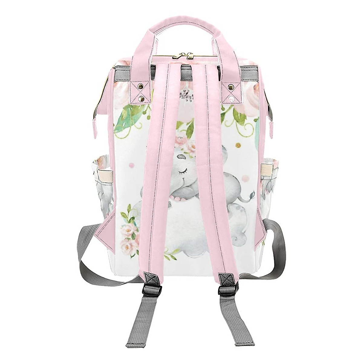 SunFancy Personalized Pink Elephant Flower Diaper Backpack with Name Text Large Capacity Custom Multi-Function Bag Unisex Travel for Mom Dad Boy Girl, 10.83 inch L * 6.69 inch W * 15 inch H