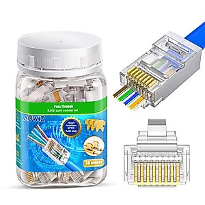 AOWIZ RJ45 Connector Cat5 Cat6 Shielded RJ45 Pass Through Ends Gold Plated 8P8C Ethernet Modular Plug 50-Pack