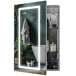 KRISTALLUM LED Lighted Medicine Cabinet Front & Backlit Dimmable Colours, Clock & Temp, USB Outlets (20 x 32inc)