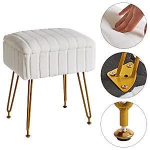 IBUYKE Stool Chair with Storage Space, Footrest Footstool Ottoman, Small Side Table, with 4 Metal Legs, with Anti-Slip Feet, for Makeup Room, Bedroom, White, Faux Fur LG-50W