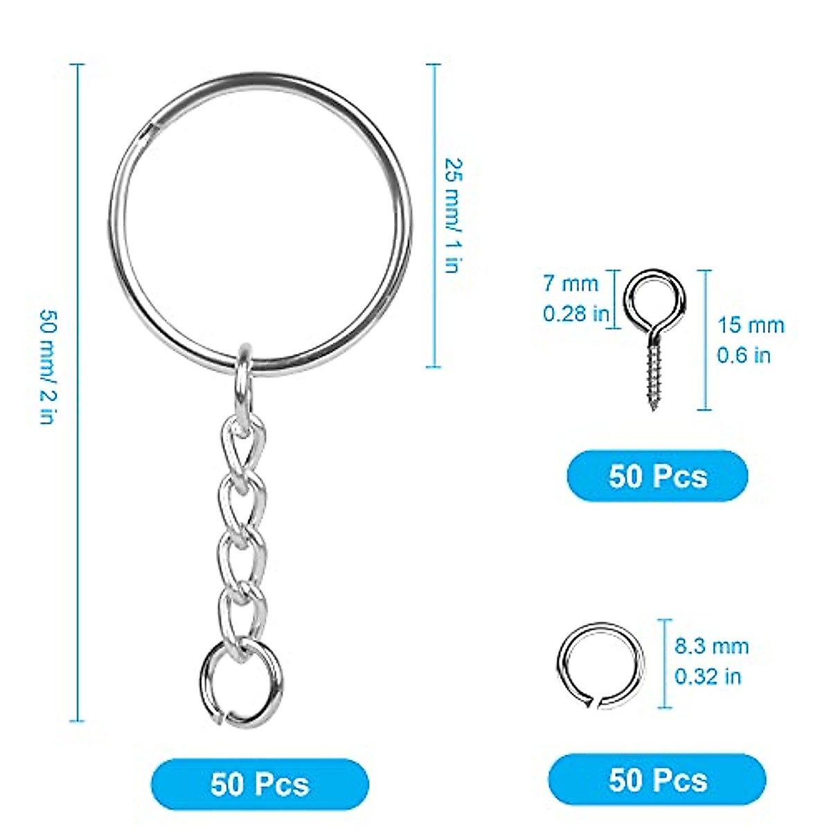 150PCS Sliver Keychain Rings Kit, 50PCS Key Chain Rings with Chain and 50PCS Open Jump Ring with 50PCS Screw Eye Pins for Crafts and Jewelry Making