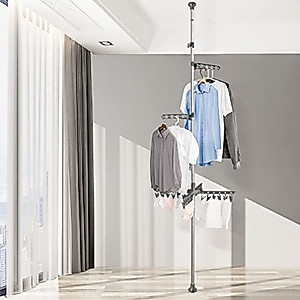 Hershii Expandable Clothes Drying Rack Laundry Pole Adjustable Vertical Garment Display Stand Coat Tree Hanger Airer Floor to Ceiling Tension Rod Storage Organizer - Grey