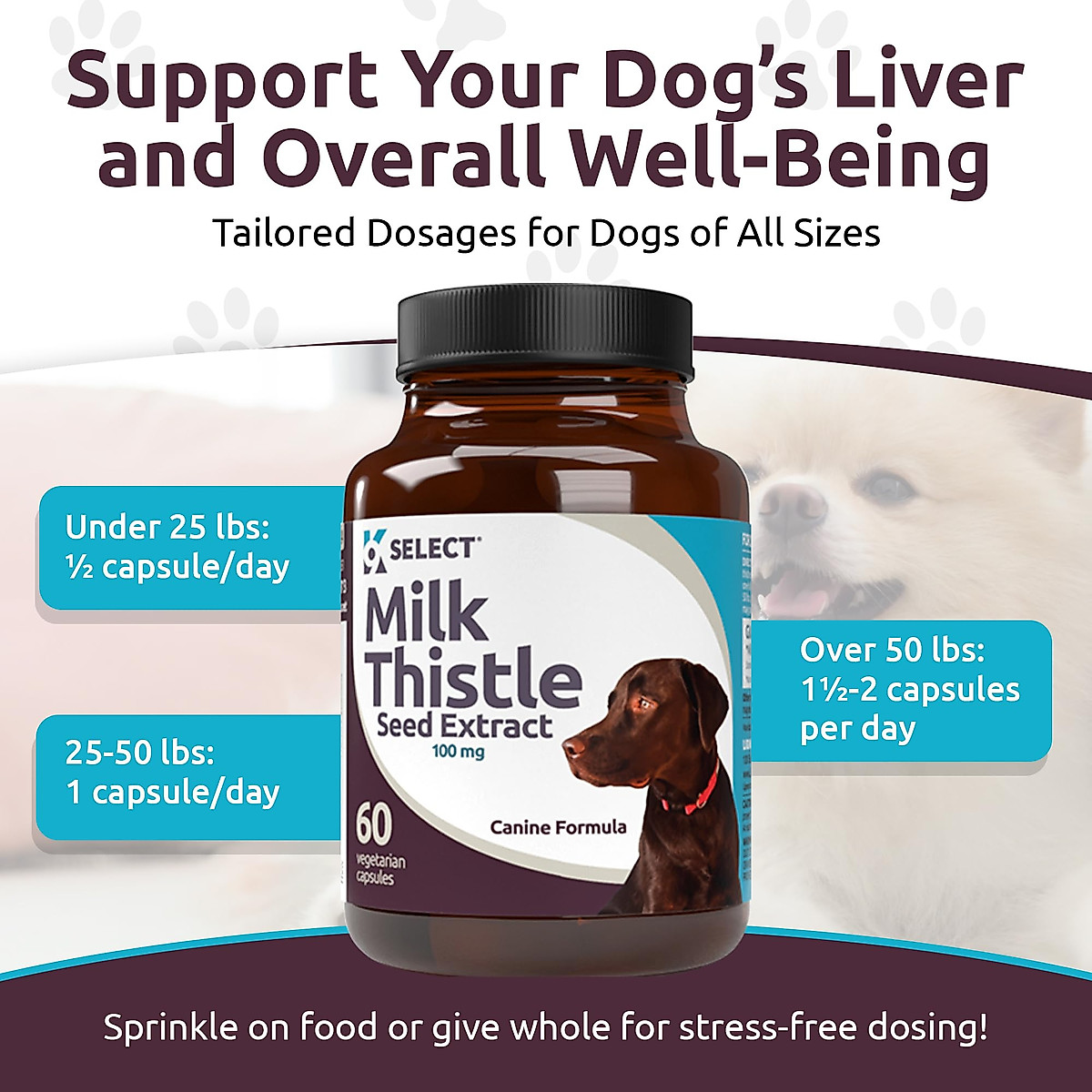K9 Select Milk Thistle for Dogs, 100mg - 60 Vegetable Capsules - Canine Liver Health Milk Thistle Supplement - Liver Supplement - Liver Support Supplement - Milk Thistle Herbal Supplements