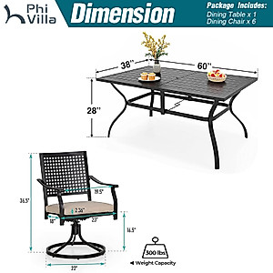 PHI VILLA Patio Dining Table Set for 6 Person Bistro Swivel Chairs with Cushion Contemporary Dining Table Outdoor Dining Set of 7 Pieces Conversation Set Patio Furniture for Outdoor Garden,Yard
