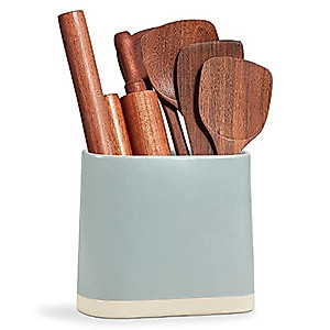 ONEMORE Ceramic Utensil Crock, Large Kitchen Utensil Holder for Countertop, Farmhouse Cooking Utensil Organizer with Cork Mat for Kitchen Counter, Oval Utensil Storage Caddy for Spatula, Light Blue