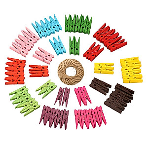 jijAcraft 100Pcs Colorful Clothespins with String Cords, 1.4 inch Heavy-Duty Wooden Clothes Pins with 98 Feet Jute Twine, Mini Photo Clips for Hanging Clip Photos, Clothes, Crafts, Arts