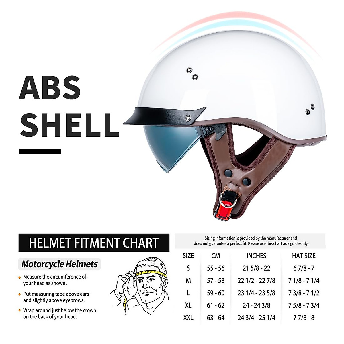 Motorcycle Half Face Helmet F-07 with Sun Visor Quick Release Buckle DOT Approved Adult Helmets for Cruiser Chopper Moped Scooter ATV (Gloss White,XL