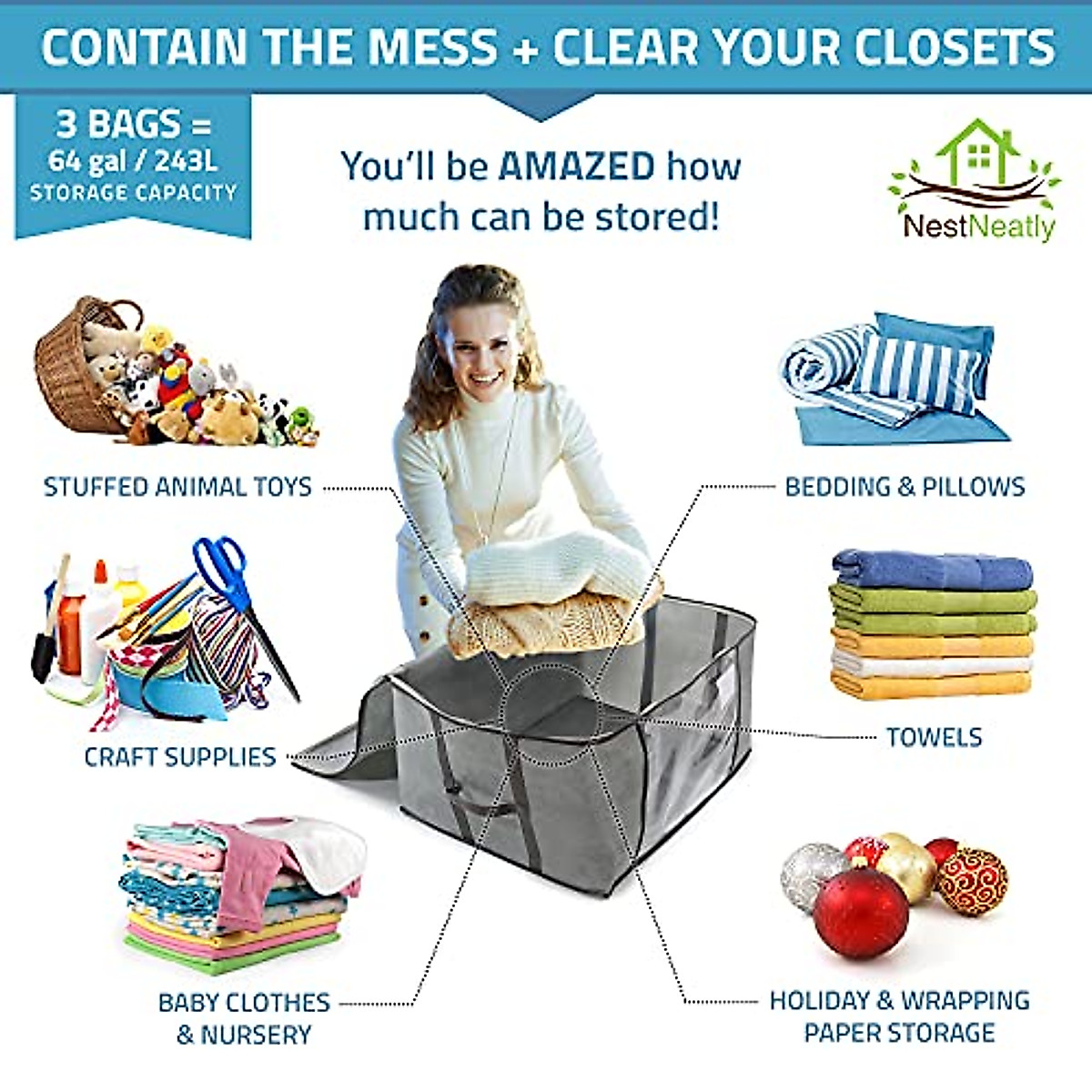 NestNeatly Large Capacity Clothes Storage Bag Organizer with Reinforced Handle for Comforters, Blankets, Bedding, Foldable with Sturdy Zipper, Clear Window, 3 Pack, Gray