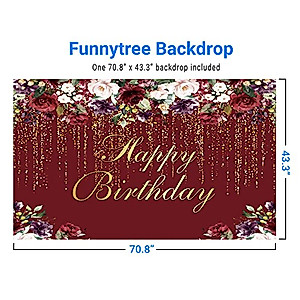 Funnytree 7x5ft Happy Birthday Party Backdrop Burgundy Red Flowers Golden Glitter Floral Photography Background Women Lady Girl Cake Table Decorations 16th 30th 40th 50th 60th Banner Photo Booth