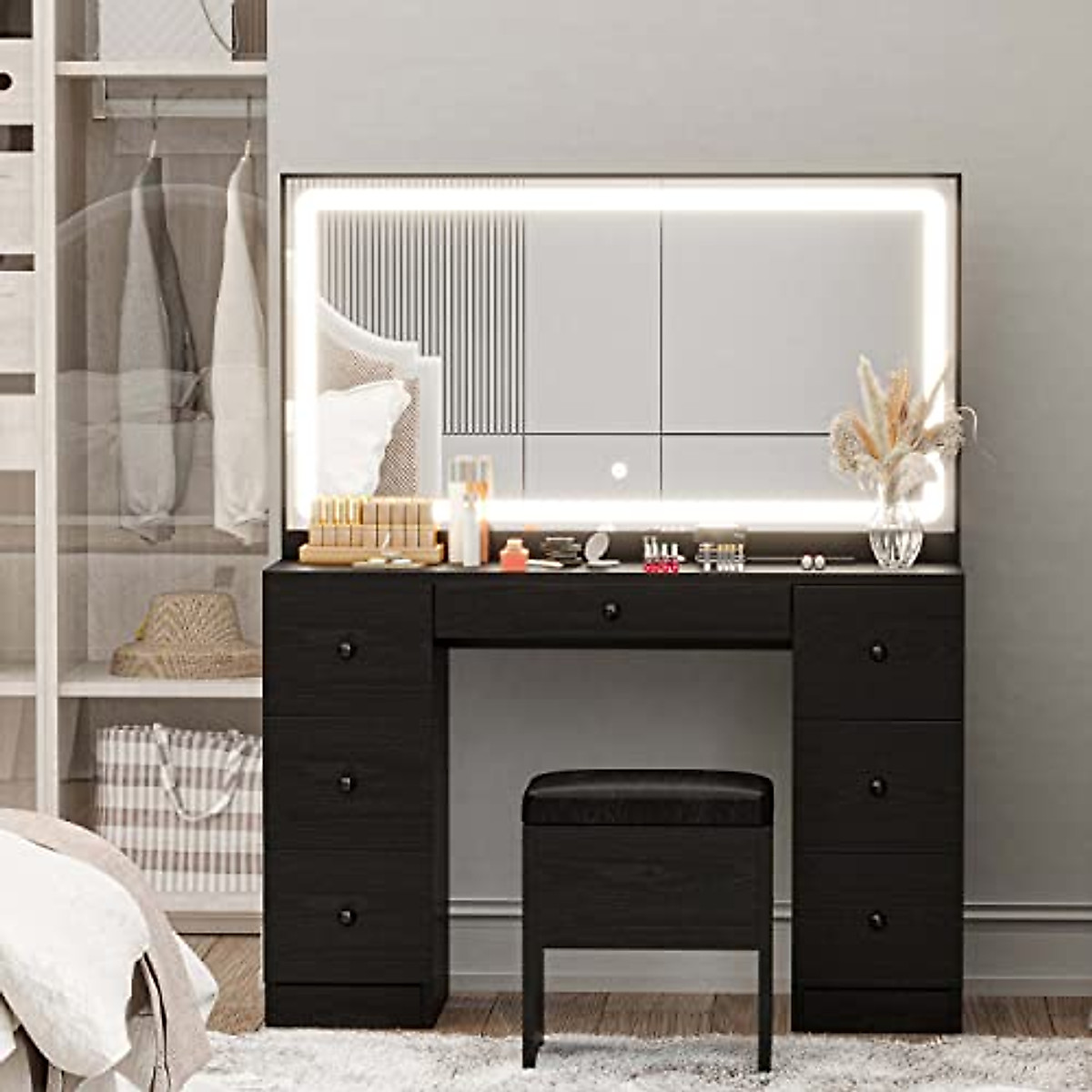 IRONCK Vanity Desk Set with LED Lighted Mirror & Power Outlet, 7 Drawers Makeup Vanities Dressing Table with Stool, for Bedroom, Black