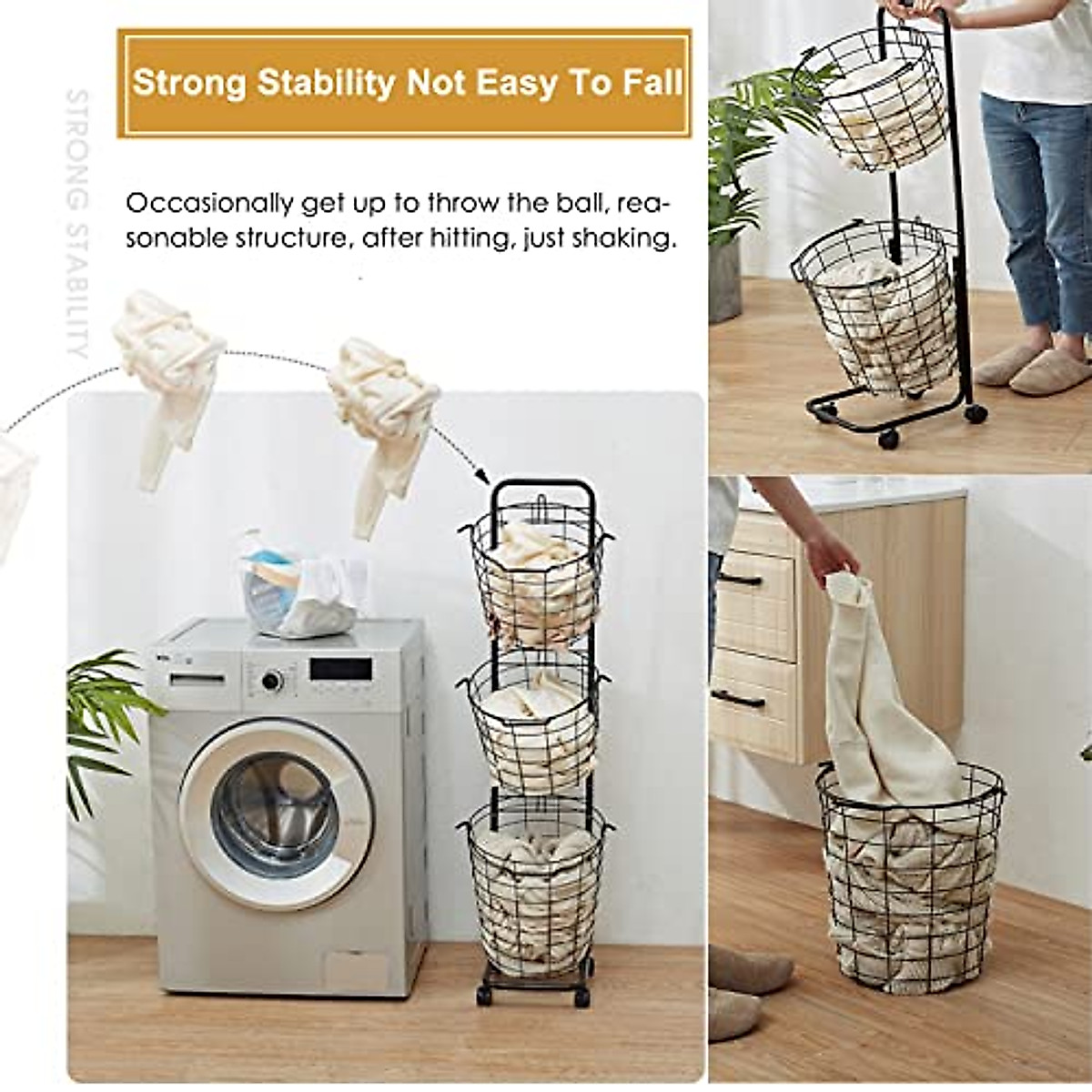 usego 3 Tier Laundry Basket with Rolling Lockable Wheels Wire Metal Sorter Storage Trolley Shelf Basket Durable Metal Sorter Clothes Storage Trolley Shelf with Removable Hamper for Organizing Clothes