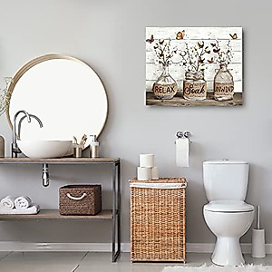 Farmhouse Bathroom Decor Wall Art Rustic Bathroom Art Mason Jar Theme Picture Relax Soak Unwind Sign Flower Canvas Picture Wood Background Bathroom Pictures Artwork Framed 12"X16"