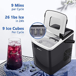 HHEE Ice Maker Machine for Countertop - Self-Cleaning Function, 26Lbs/24H Portable Maker, 9 Cubes Ready in 8Mins, Compact Cube with Scoop & Basket Home Kitchen Office Bar white 12.2* 9.0*12.8 inches