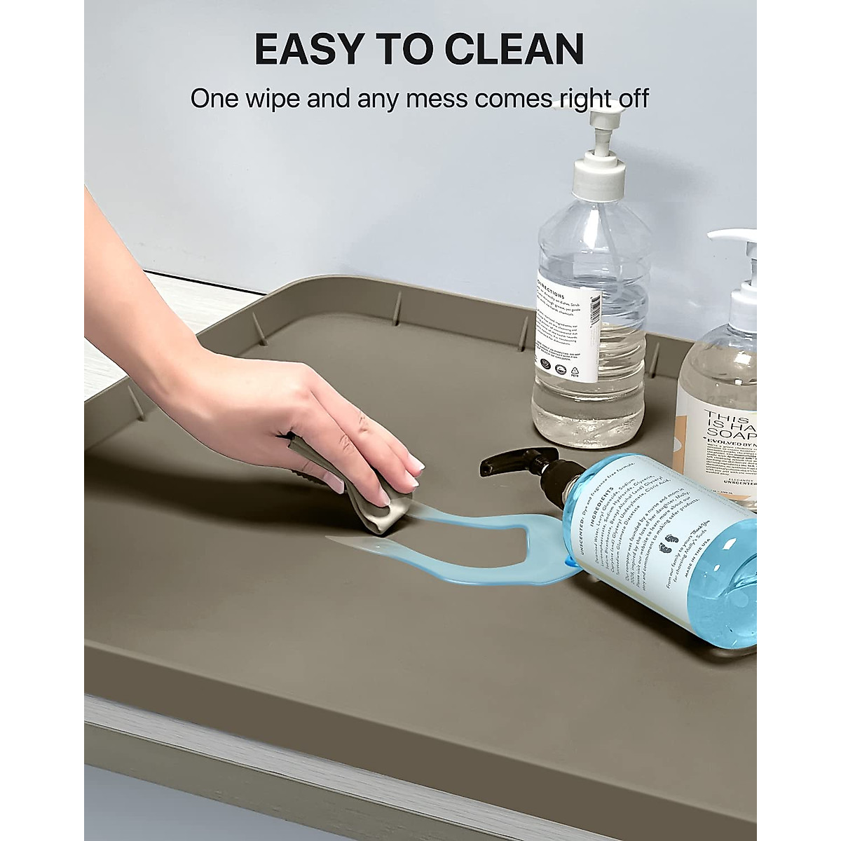 Under Sink Mat, Waterproof Silicone Mat with Water Leak Sensor Alarm, 34" x 22" Kitchen Cabinet Mat, Under Sink Liner Holds up to 3.7 Gallons Liquid(Brown)